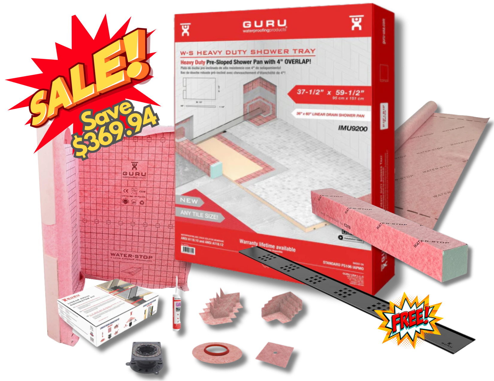 GURU Shower Linear Drain Superkit 37-1/2"x60-1/8" PVC with free Drain