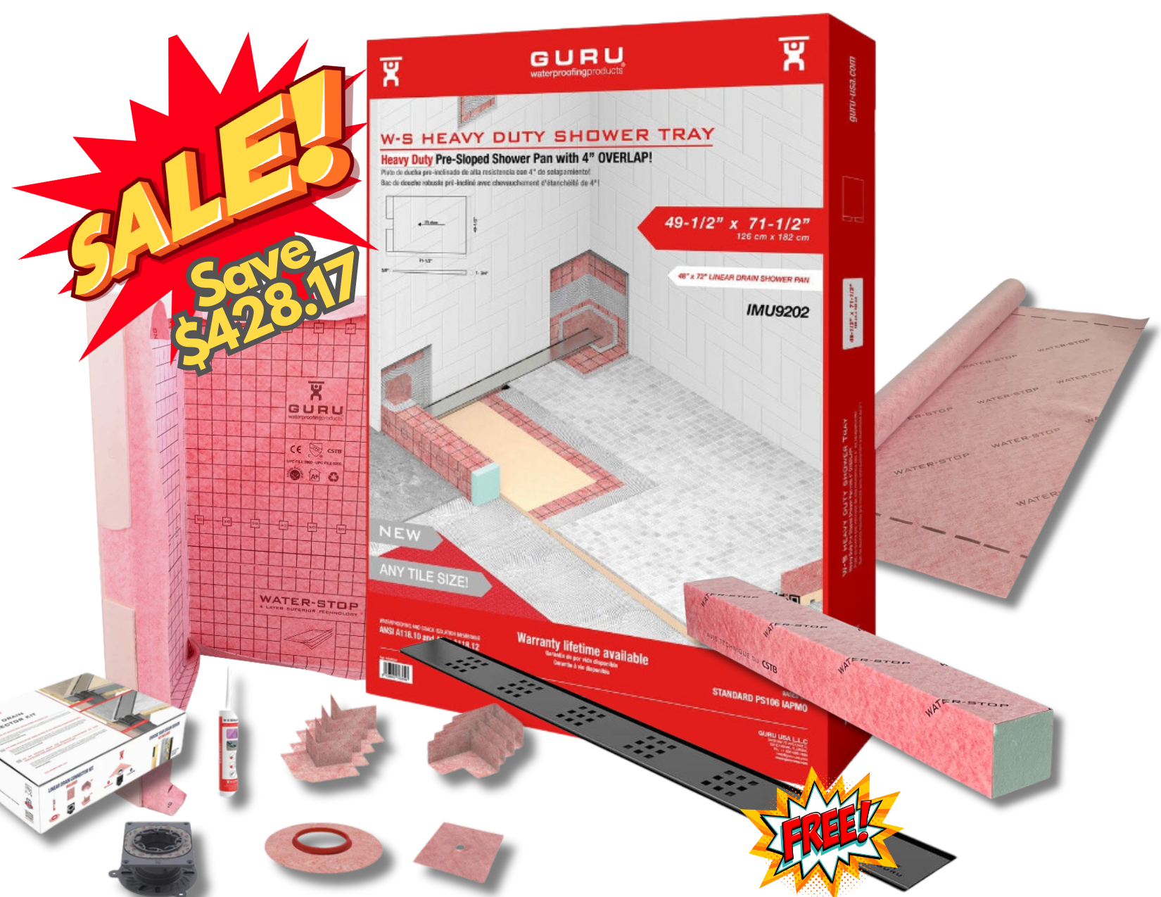 GURU Shower Linear Drain Superkit 49-1/2"x71-1/2" PVC with free Drain