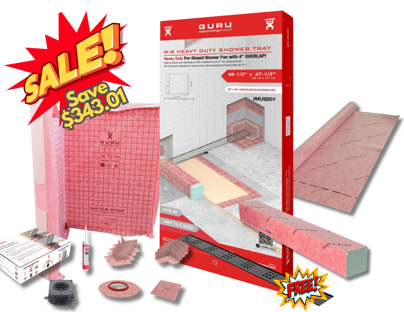 GURU Shower Linear Drain Superkit 49-1/2"x47-1/2" PVC with free Drain